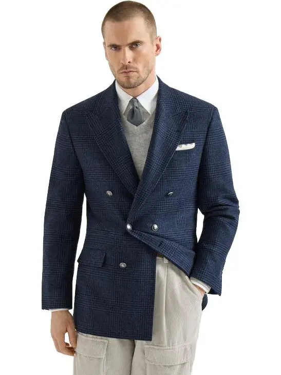 Brunello Cucinelli Comfort Wool And Cashmere Prince Of Wales Flannel One-and-a-half Breasted Tailor Blazer With Metal Buttons - Blue