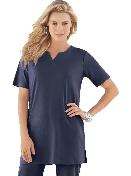 ROAMAN'S Soft Knit Tunic With Notch Neckline - Navy