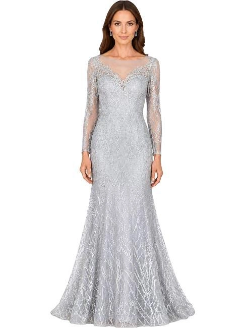 LARA NEW YORK Beaded Faux-wrap V-neck Bridal Gown - Silver
