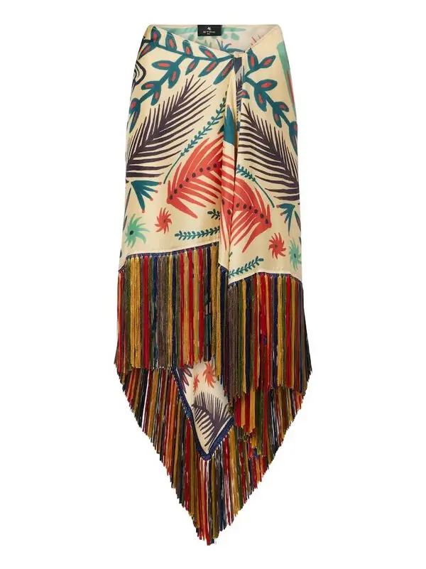 Etro Asymmetric Fringed Printed Silk Midi Skirt - Multicoloured