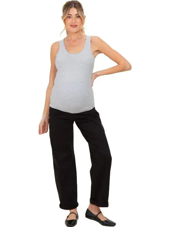 PINKBLUSH Cuffed Ankle Barrel Leg Maternity Jeans - Black
