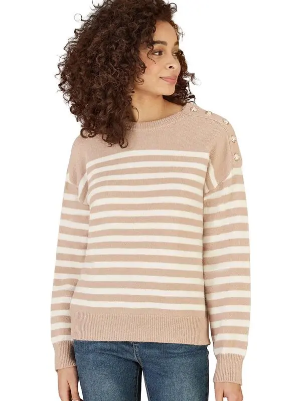YUMI Button Detail Stripe Knitted Jumper - Beige