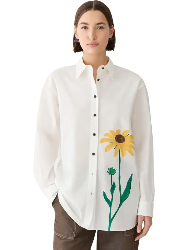 Lafayette 148 New York Oversized Floral Print Cotton Poplin Shirt - White Multi