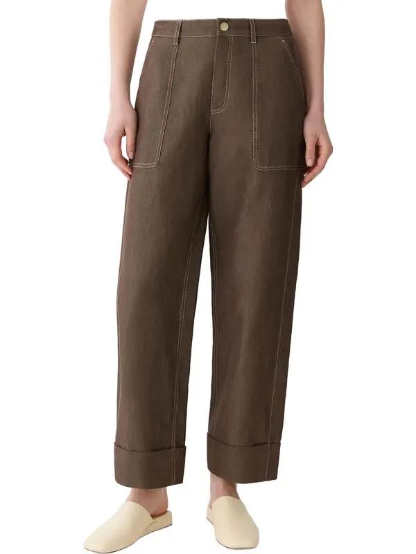 Lafayette 148 New York Straight Leg Cotton Linen Ankle Pants - Root