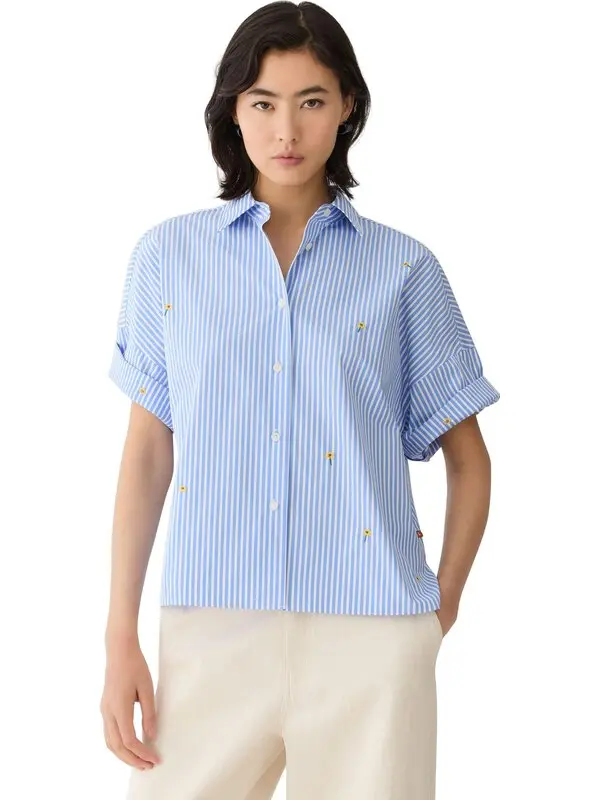 Lafayette 148 New York Striped Cotton Floral Embroidered Shirt - Blue Hydrangea Multi