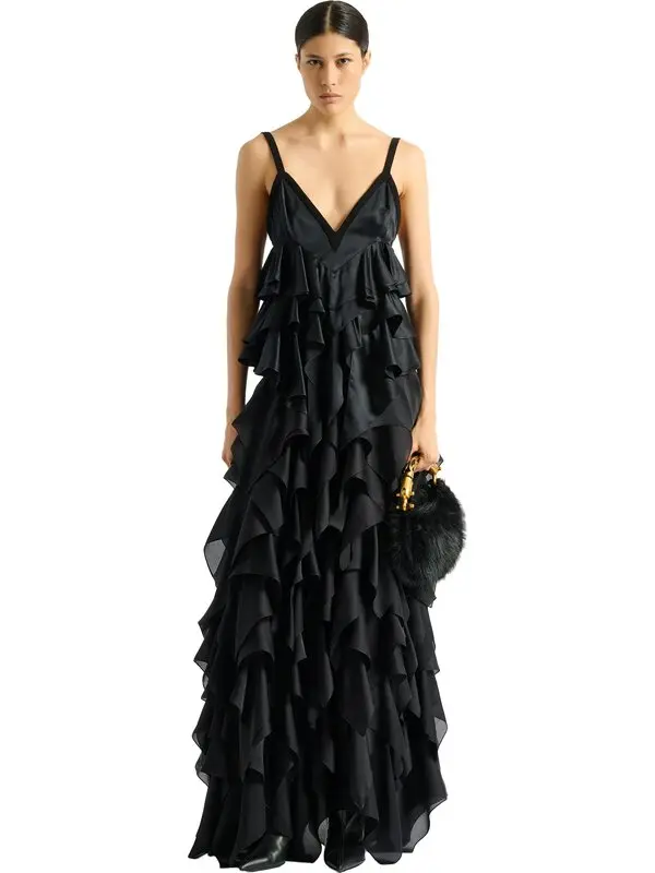 Balmain Ruffled Satin And Crepe Tank Top - Black
