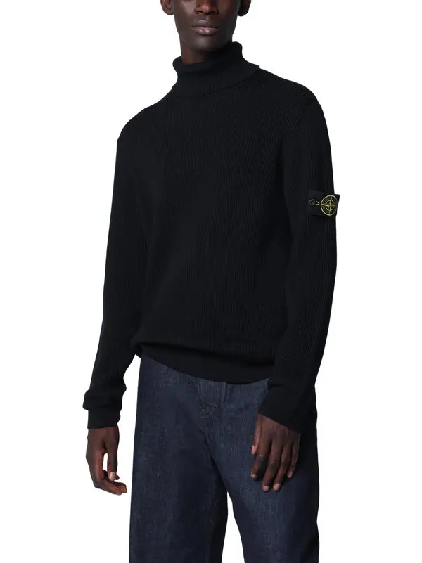 Stone Island Ribbed Turtleneck Sweater With Compass Logo Badge - Blue