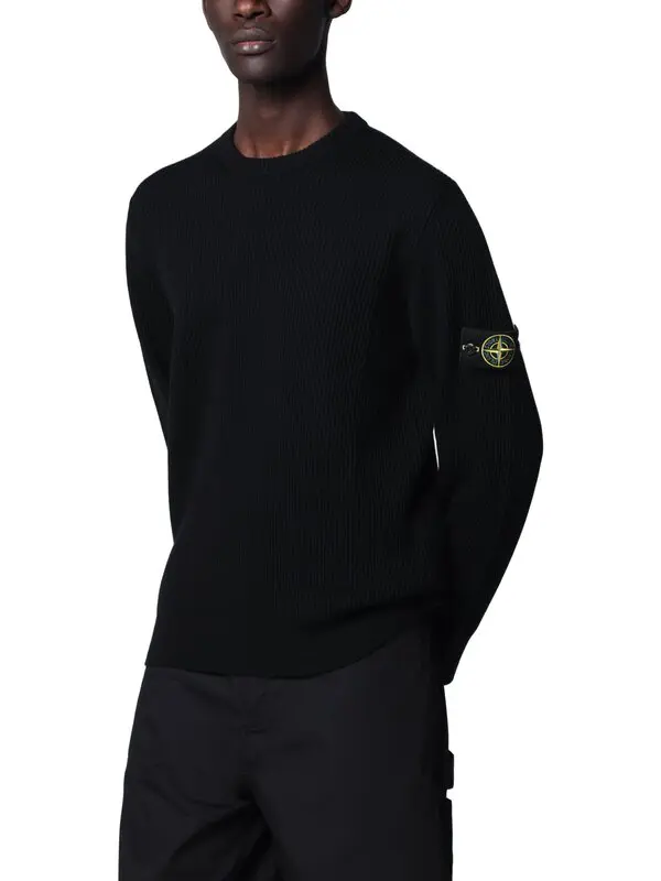 Stone Island Ribbed Virgin Wool Crewneck Sweater - Black
