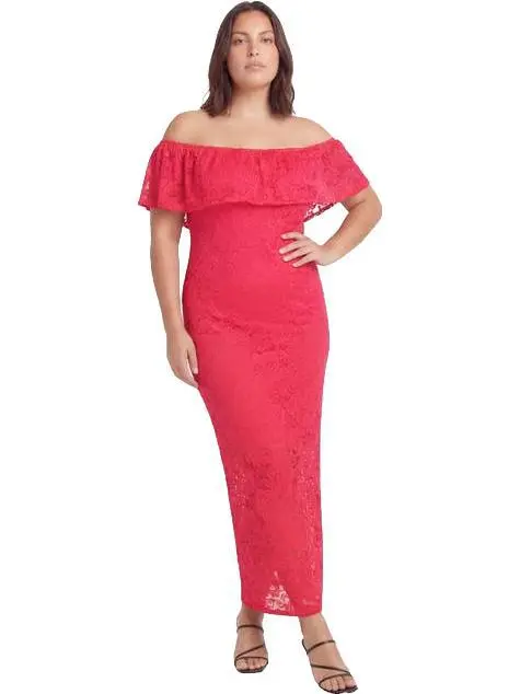 24SEVEN COMFORT APPAREL Lace Off-the-shoulder Maxi Dress With Side Slit - Fuchsia