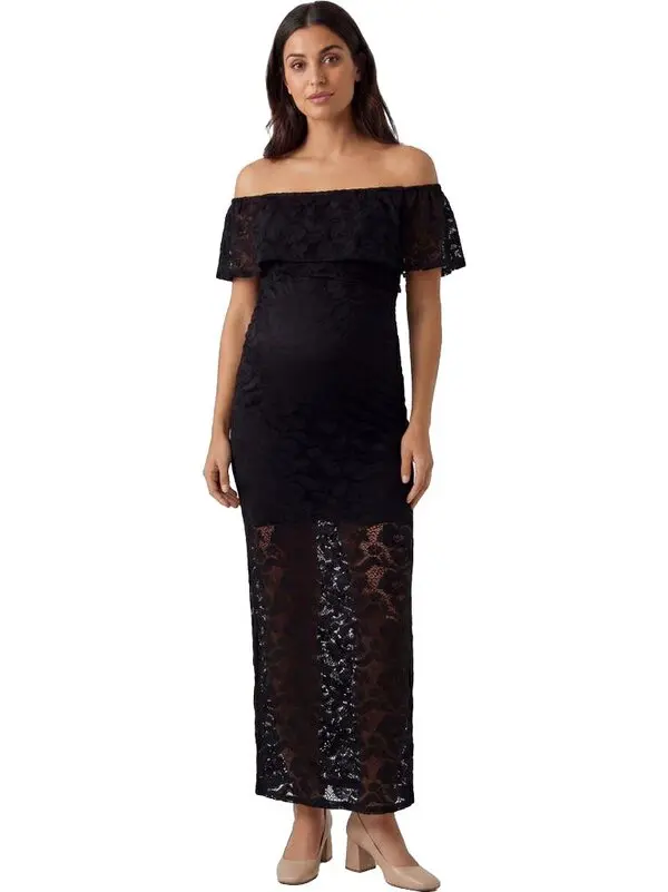 24SEVEN COMFORT APPAREL Maternity Off The Shoulder Lace Body-con Maxi Dress - Black