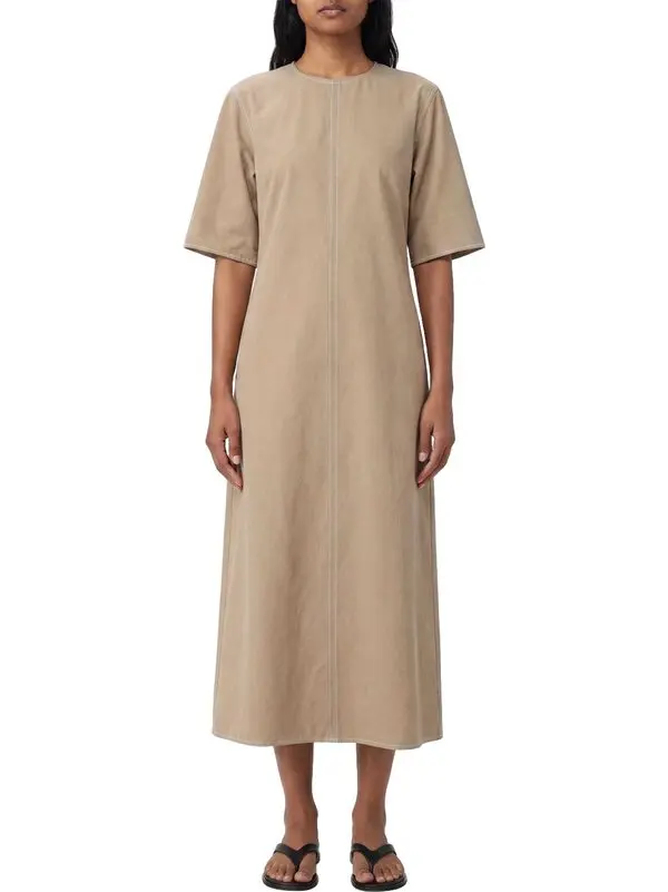 AMI Paris Short-sleeved Cotton Midi Tunic Dress With Contrast Trims - Beige
