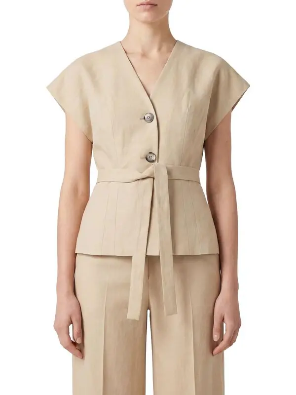 Paul Smith V-neck Linen Blouse With Tie-waist Belt - Beige