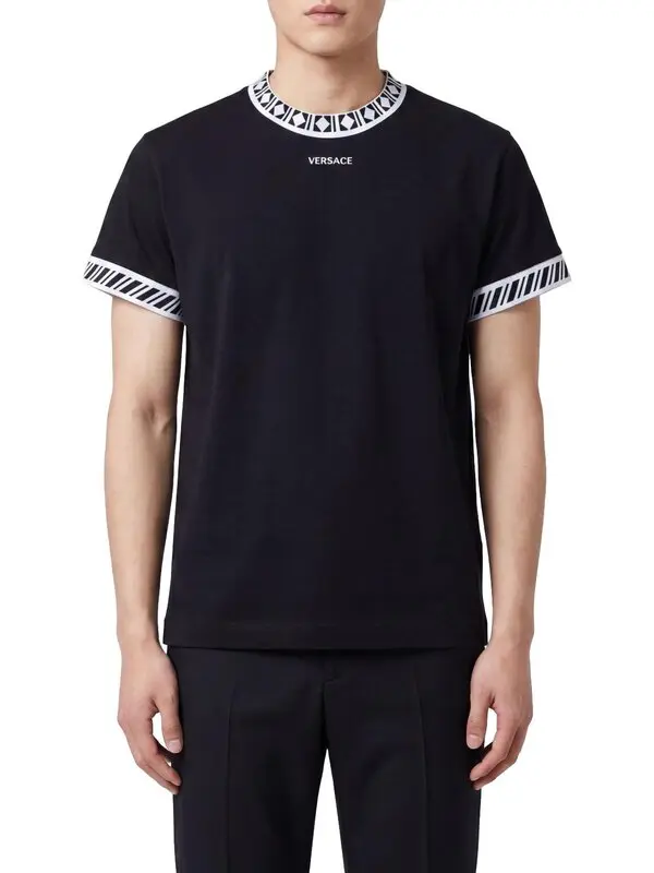 Versace Cotton T-shirt With Contrast Trims And Logo - Black