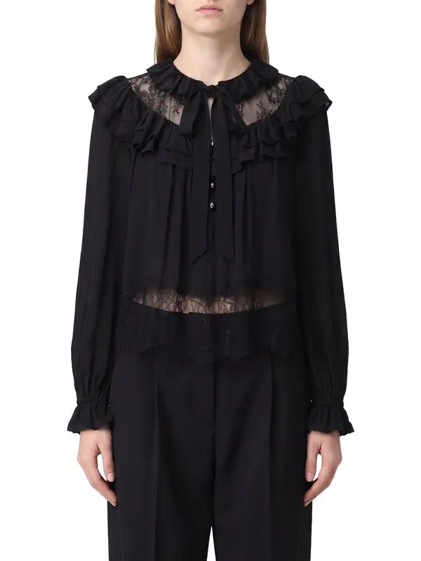 SELF-PORTRAIT Lace And Ruffle Detail Top - Black