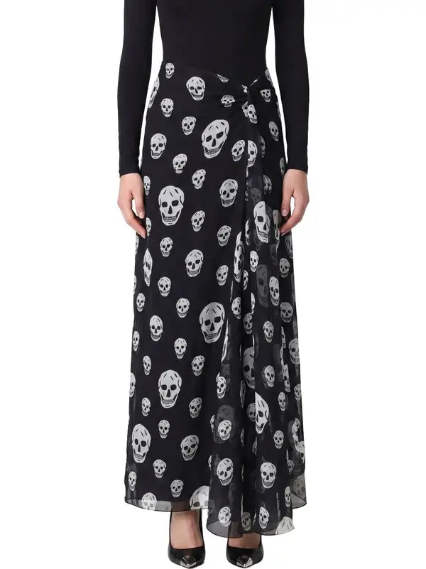 Alexander McQueen Asymmetrical Draped Skull Print Silk Maxi Skirt - Black