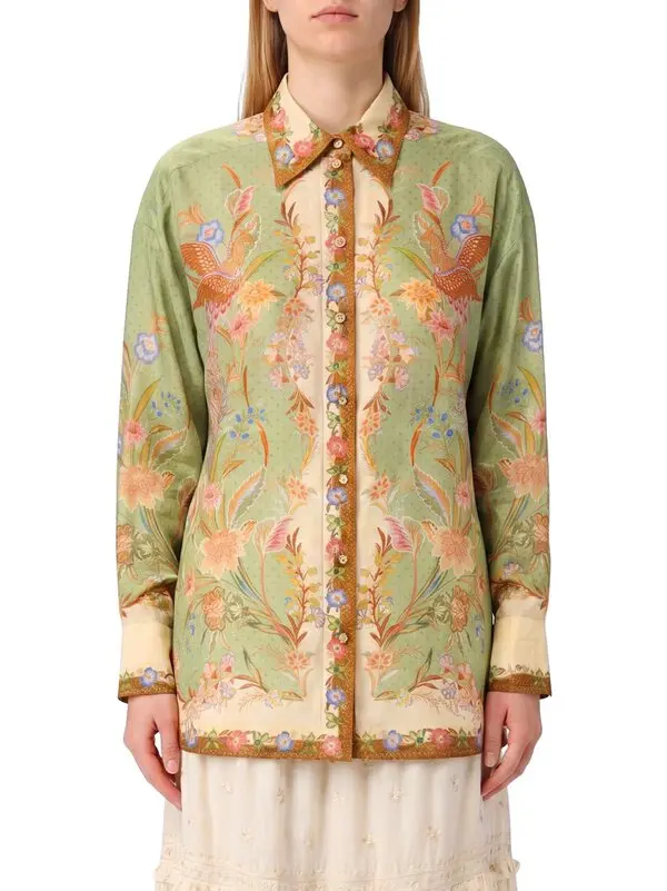 Zimmermann Floral Print Silk Shirt - Kaki
