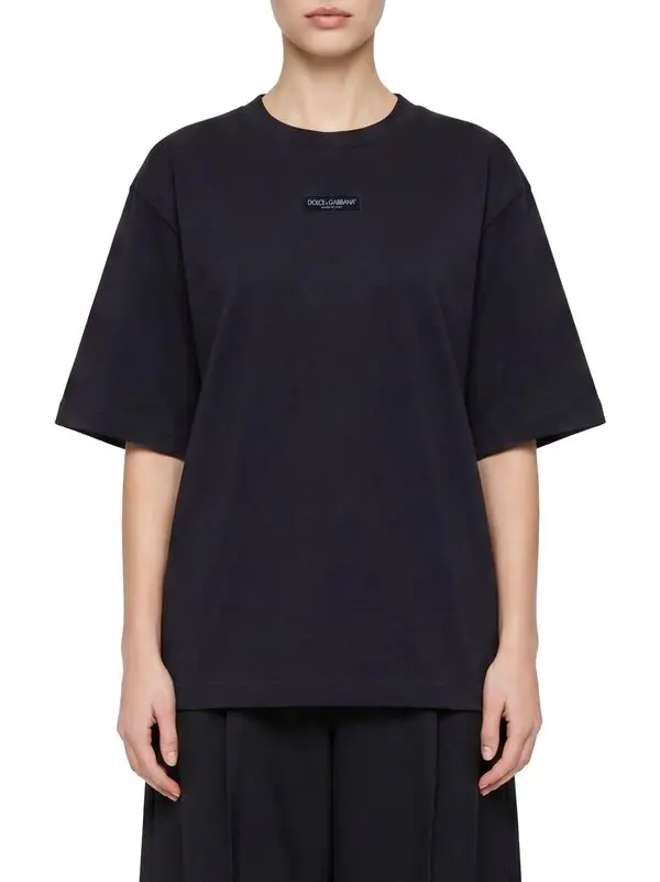 Dolce & Gabbana Cotton Crewneck T-shirt With Contrast Logo And Dropped Shoulders - Black