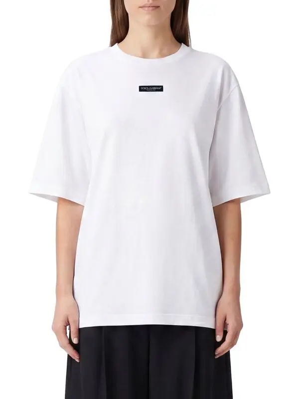 Dolce & Gabbana Cotton Crewneck T-shirt With Contrast Logo And Dropped Shoulders - White