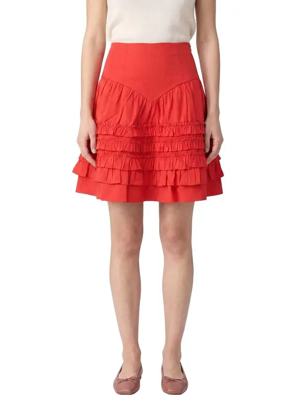 GANNI Embroidered Cotton Ruffle Mini Skirt - Red