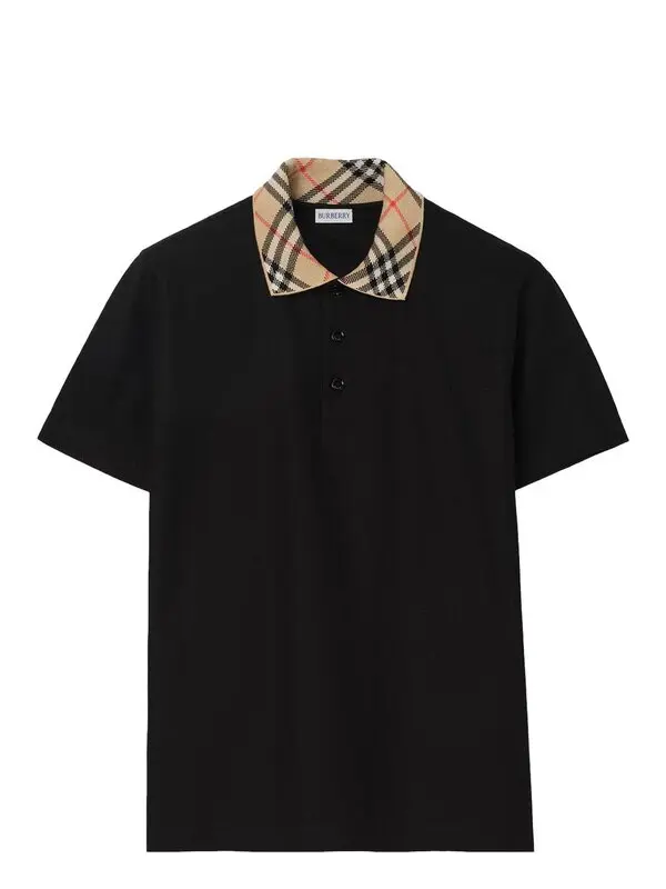 Burberry Cotton Polo With Check Collar - Black