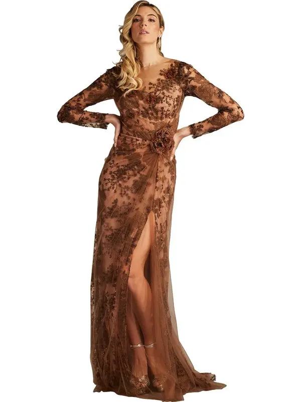 Tadashi Shoji Silvia Embroidered Illusion Gown - Mushroom