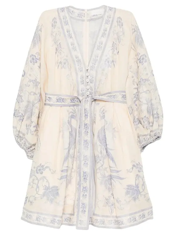 Zimmermann V-neck Linen Mini Dress With Button-down Front And Removable Belt - Bianco