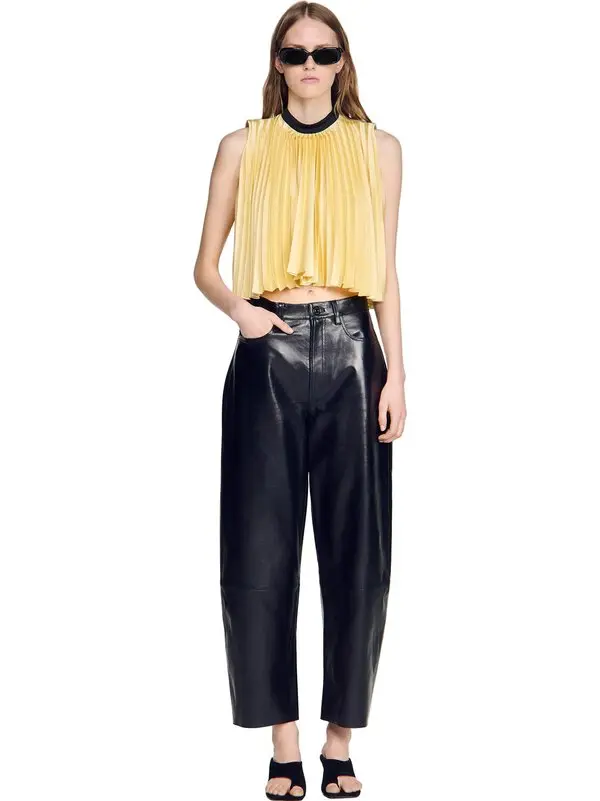 Sandro Pleated Tie-back Cropped Top - Straw