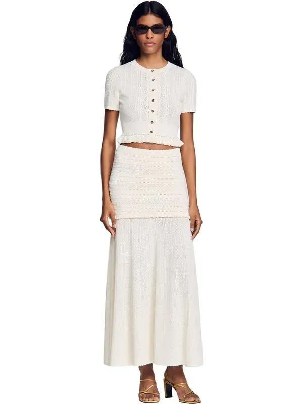 Sandro Pointelle Knit Maxi Skirt - Ecru