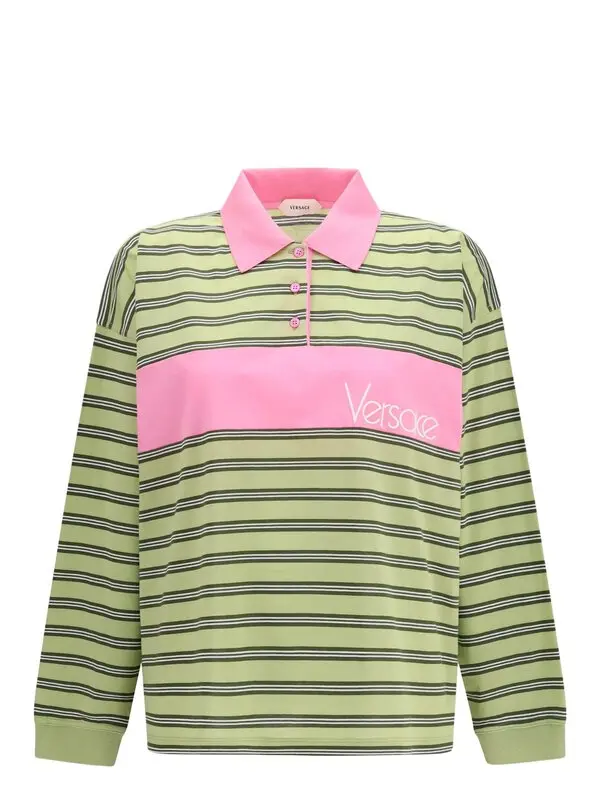Versace Striped Intarsia Cotton Polo Shirt With Embroidered Logo - Multicolour