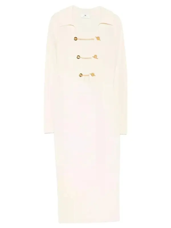 Elisabetta Franchi Ribbed V-neck Midi Dress With Gold-tone Chain Detail - Neutrals