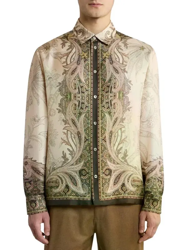 Etro Silk Twill Shirt With Placed Pegaso-print - Neutrals