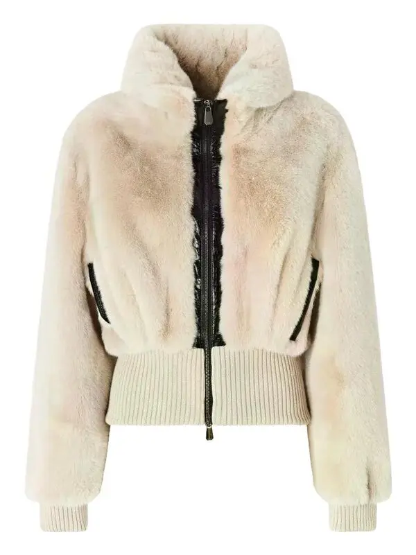 Pinko Faux Fur Ribbed-trim Bomber Jacket - Neutrals