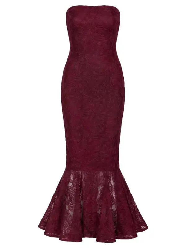 ROTATE BY BIRGER CHRISTENSEN Strapless Floral Mesh Flounce Maxi Dress - Red