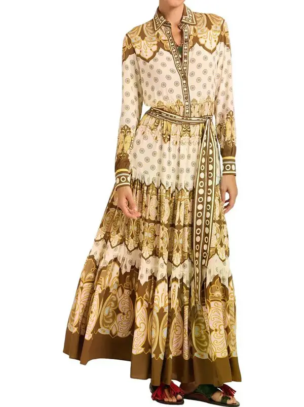 La DoubleJ Cocoon Placed Brown Bellini Dress In Viscose Voile - Neutrals