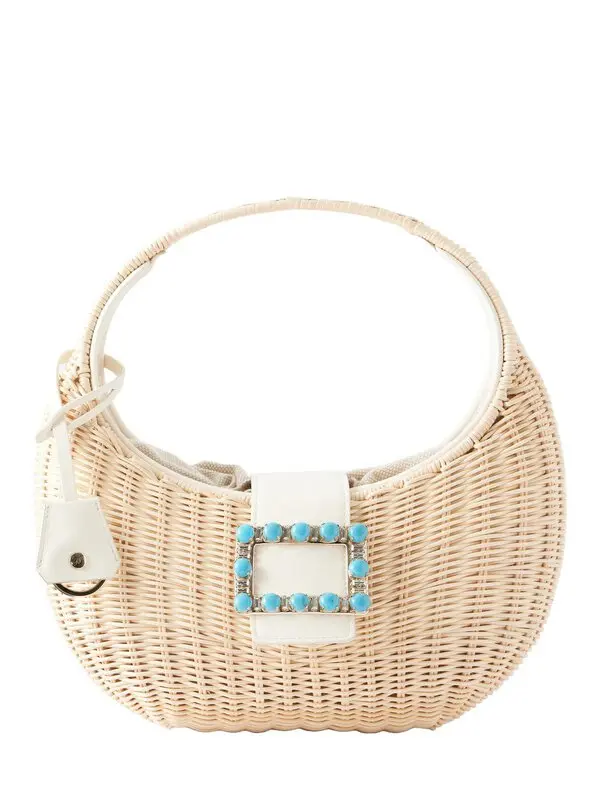 ROGER VIVIER Embellished Raffia Shoulder Bag - Neutrals