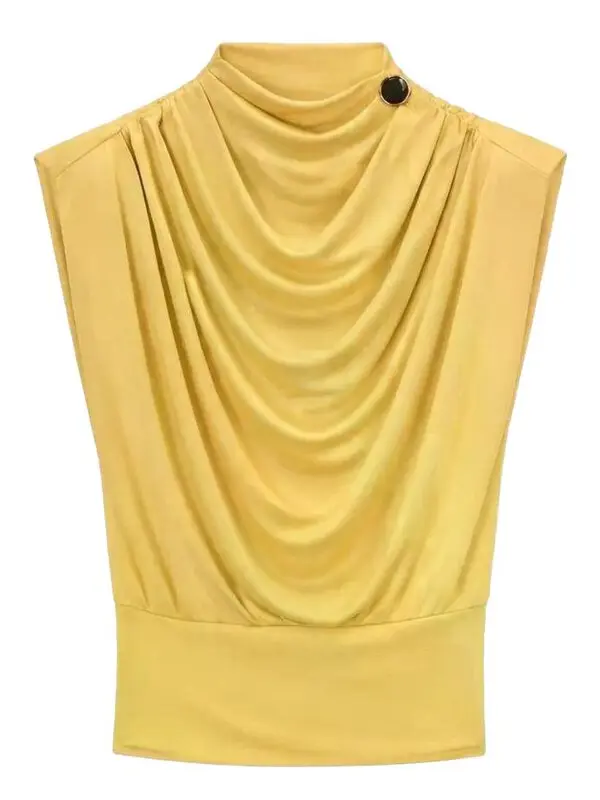 RETORI Draped Button-detail Mock Neck Top - Yellow