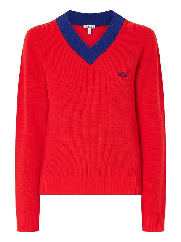 Loewe Embroidered Ribbed-knit V-neck Sweater - Red