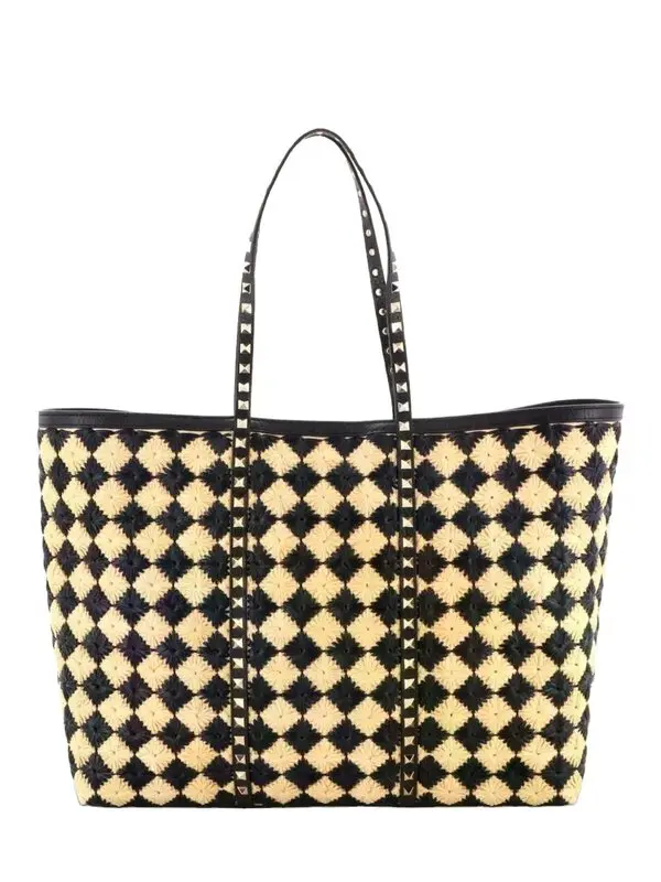 Valentino Garavani Rockstud Shopping Bag Check Embroidered Raffia Large Tote Bag - Black