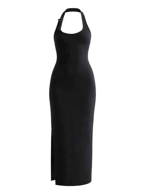 STUDIO LEXI Luna Halterneck Dress With Resin Buckle Detail - Black