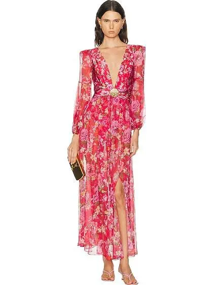 PatBO Floral Print Plunge Maxi Dress - Red