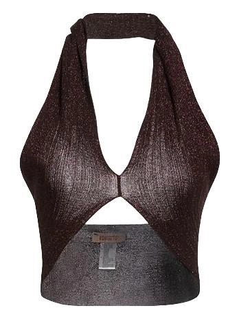 KONTATTO Halter Neck Ribbed Knit Metallic Top - Brown