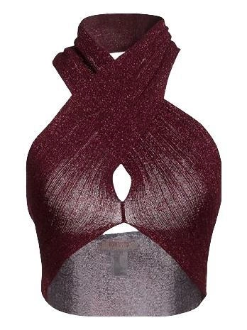 KONTATTO Halter Neck Ribbed Knit Metallic Top - Red