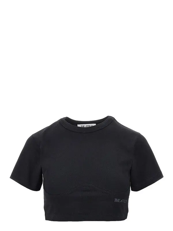 Attico Cropped Cotton T-shirt With Embroidered Logo - Black