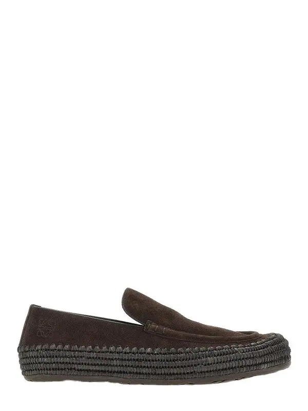 Loewe Suede Leather And Raffia Loafers - Brown