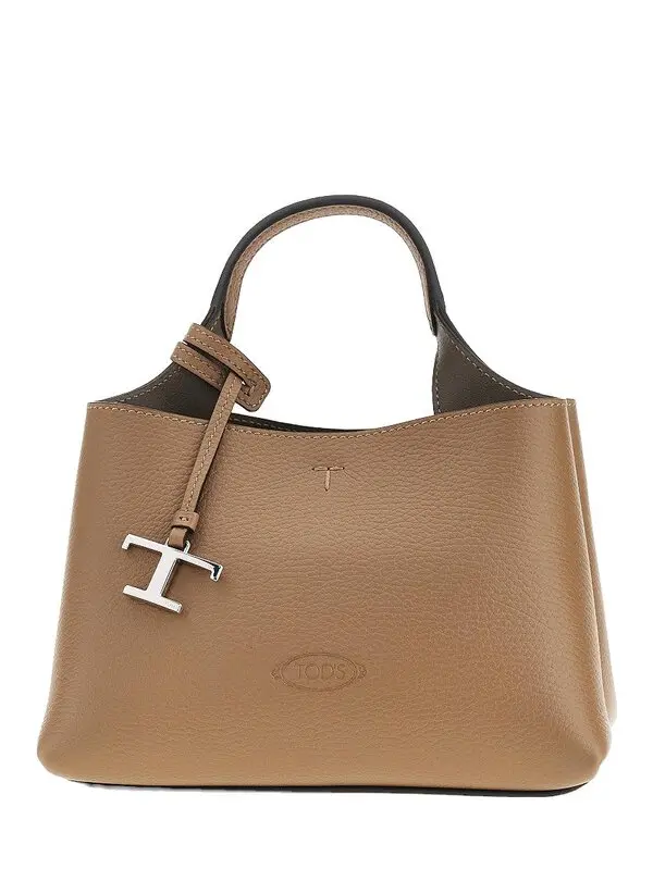 TOD'S Grained Leather Micro Shopping Bag With T Timeless Charm - Brown