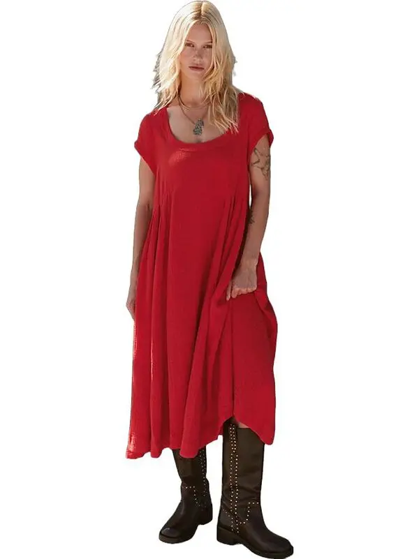 Free People Blaine Midi Dress With Cap Sleeves And Pleated Details - Fiery Red