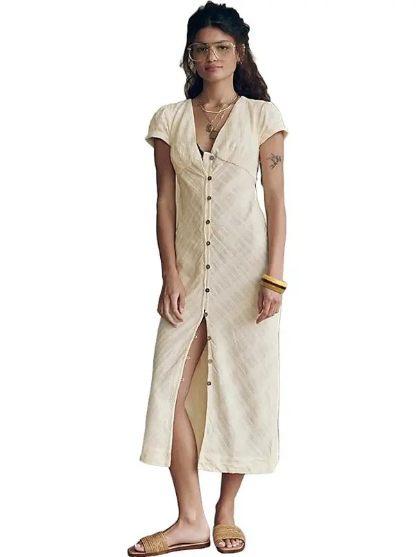 Free People Button-up V-neck Midi Dress - Tea Cookie