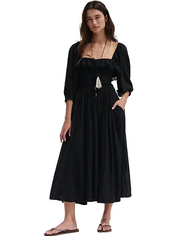 Free People Oasis Midi Dress With Smocked Bodice And Volume Sleeves - Black