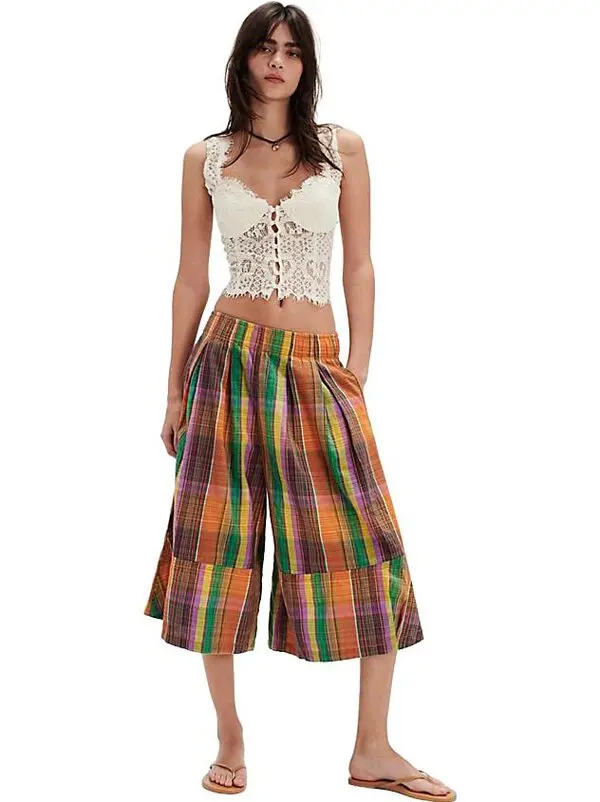 Free People Ivy Pull-on Culotte Plaid Pants - Orange Combo