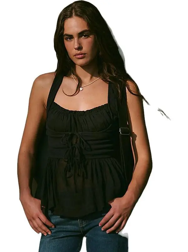 Free People Ruched Bust Peplum Top With Corset Detail - Black
